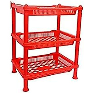 bhavika Creation 3-Tier Foldable Plastic Rack, Red, Multipurpose Storage Shelves