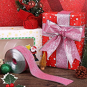 Christmas Glitter Wired Ribbon Xmas Wrapping Ribbon,2"x25 Yards Glitter Wide Ribbon Swirl Metallic Wired Edge Ribbon,Curling Wired Shimmer Glitter Ribbon for Home Decor,Gift Wrapping,DIY Crafts,Pink