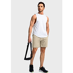 Men's Running Shorts with Zipper Pockets 7 Inch Lightweight Quick Dry Gym Athletic Workout Shorts for Men (Khaki, L)