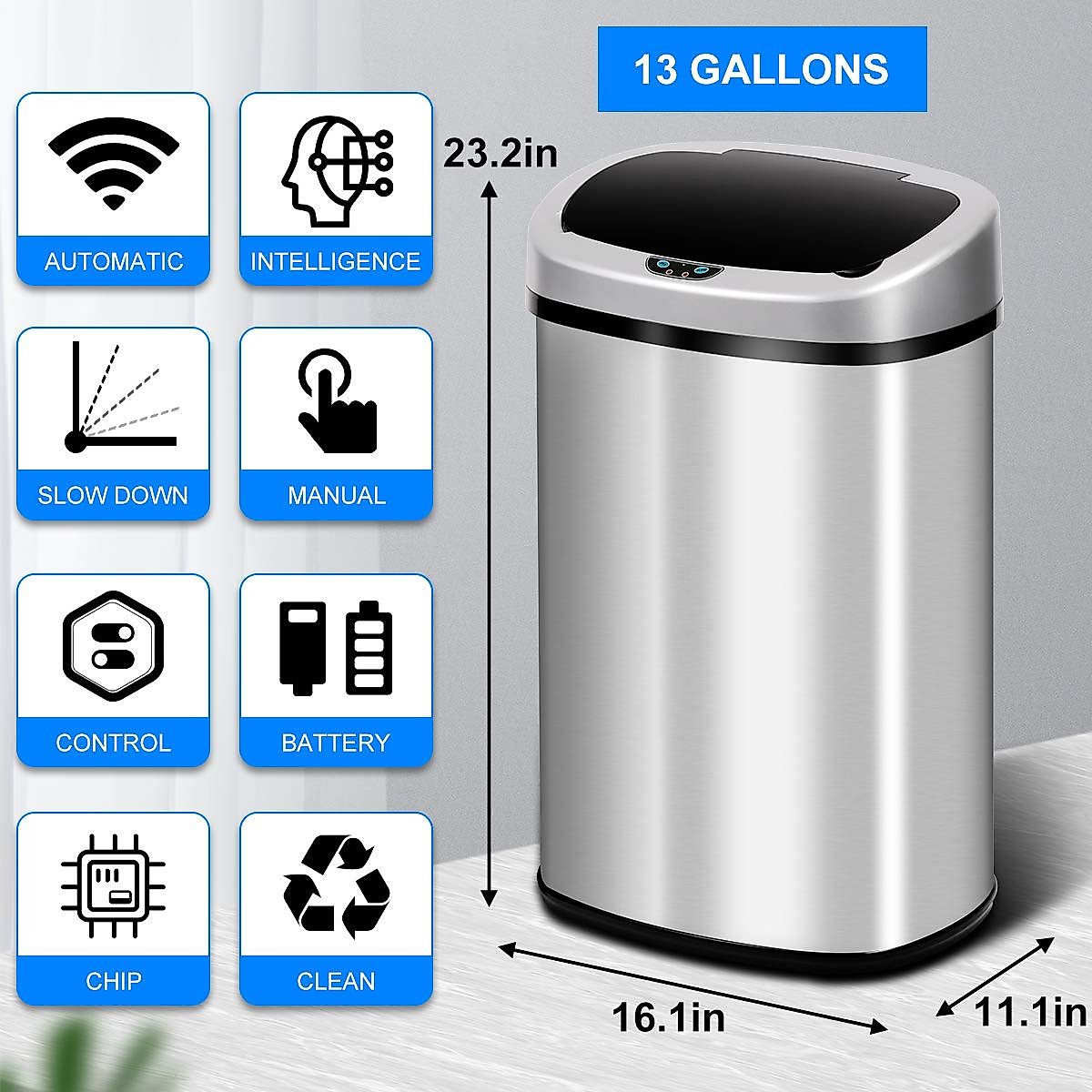 Dkelincs Touchless Trash Can for Kitchen Bathroom Bedroom Home Office, 13 Gallon Automatic Stainless Steel Garbage Can with Lid