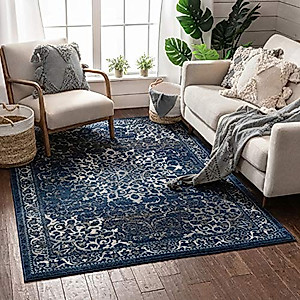 Well Woven Coverly Blue & Beige Vintage Medallion Traditional Persian Oriental Area Rug 5 x 7 (5'3" x 7'3") Neutral Modern Shabby Chic Thick Soft Plush Shed Free
