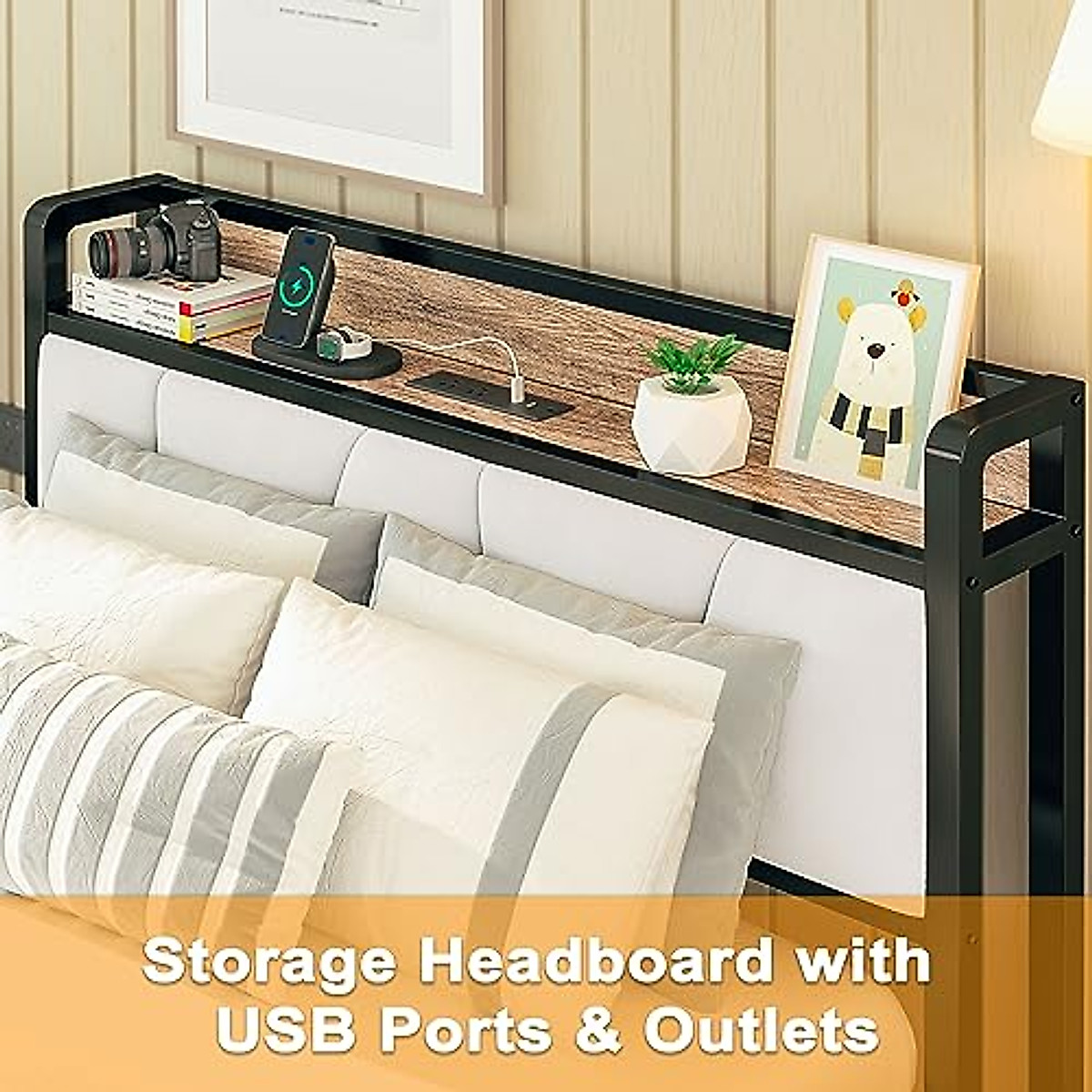 LIKIMIO Twin Bed Frames, Storage Headboard with Charging Station, Solid and Stable, Noise Free, No Box Spring Needed, Easy Assembly (Walnut and Beige)