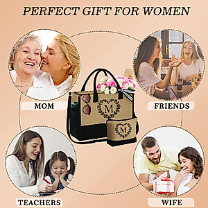 YOOLIFE Unique Mom Birthday Gifts for Women, Mother of the Bride Gifts Initial Jute Tote Bag for Women Beach Bag Tote Makeup Bag with Zipper Personalized Gifts Friend Birthday Gifts for Women Letter E