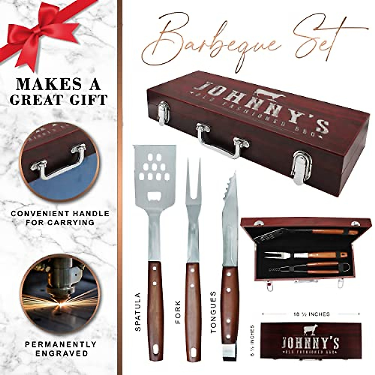 Engraved Grill BBQ Gifts Set for Dad Father Him - Custom Barbecue Personalized Grilling Set with Tools (Silver Engraving)