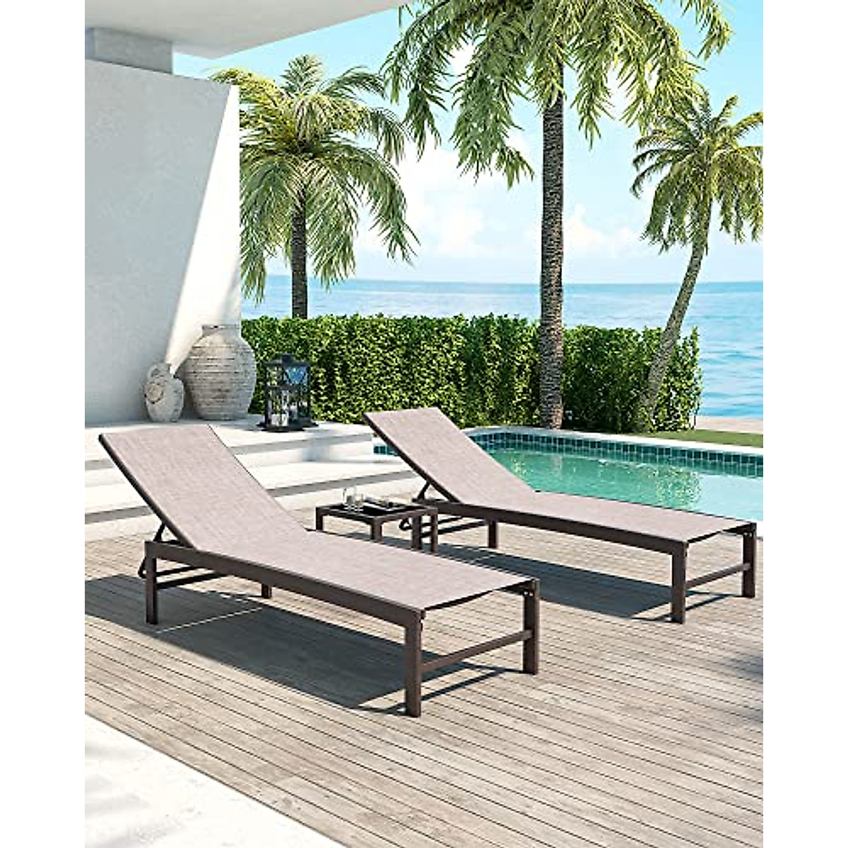 Crestlive Products 2PCS Patio Chaise Lounges and 1PC Table Set Aluminum Adjustable Lounge Chairs with Tempered Glass Side Table, Curved Design, All-Weather Outdoor Recliners (Beige)