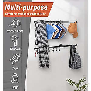 AOODA Adjustable Hat Rack for Wall, Hold up to 30 Caps Hat Organizer for Baseball Caps, Metal Wall Mounted Hat Holder Hanger for Closet, Bedroom, Set of 2, Black