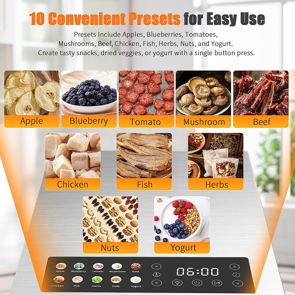 YASHE Food Dehydrator Machine, 10 Stainless Steel Food Dryer, 10 Presets, 48H Timer and Temperature Control, 850W Dehydrators for Food and Jerky, Herbs, Meat, Fruit, Dog Treats, Recipes Book Included