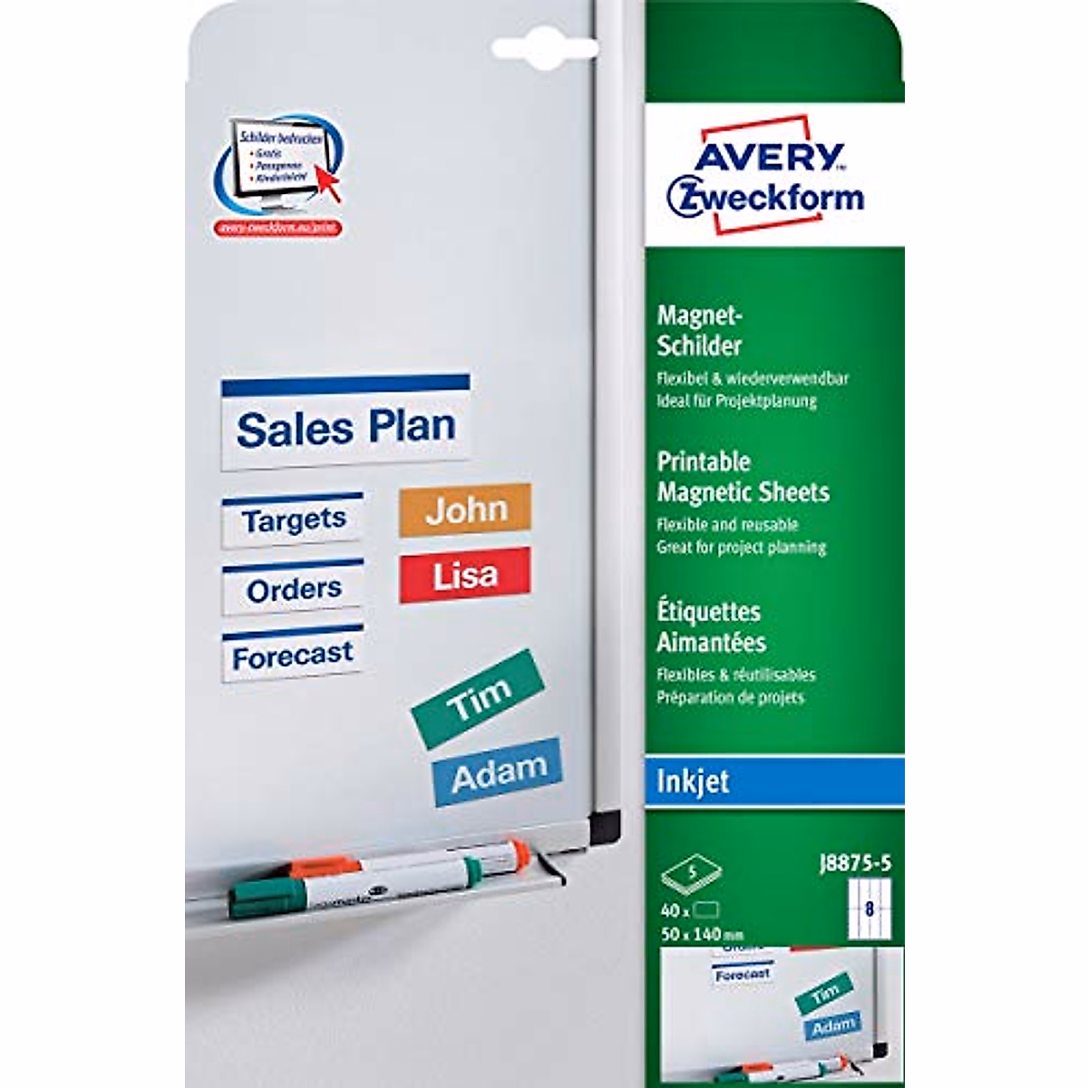 Avery Zweckform J8875-5 Printable Magnetic Sheets with Special Coating 50 x 140 mm 5 Sheets / 40 Labels White