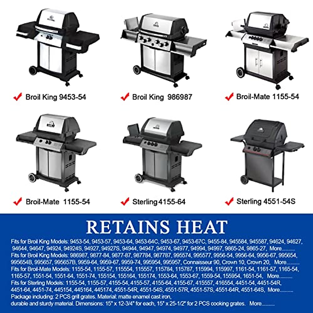 GGC 15 Inch Grill Grates Replacement for Broil King 9453-54, 9453-57, 9453-64, 9865-54, 9453-67, Broil-Mate, Silver Chef, Sterling Gas Grill, 2 PCS Cast Iron Cooking Grid Grates (15" x 12 3/4" Each)