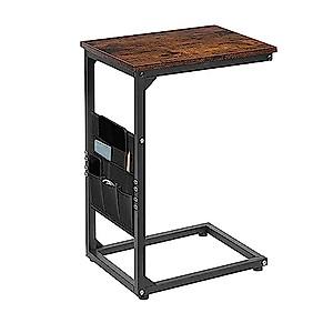 ECO-WILL C Shaped End Table for Sofa,Small Narrow Side Table with Storage Bag for Small Spaces,Couch Table with Metal Frame for Living Room, Bedroom, Bedside, Rustic Brown and Black. (1)