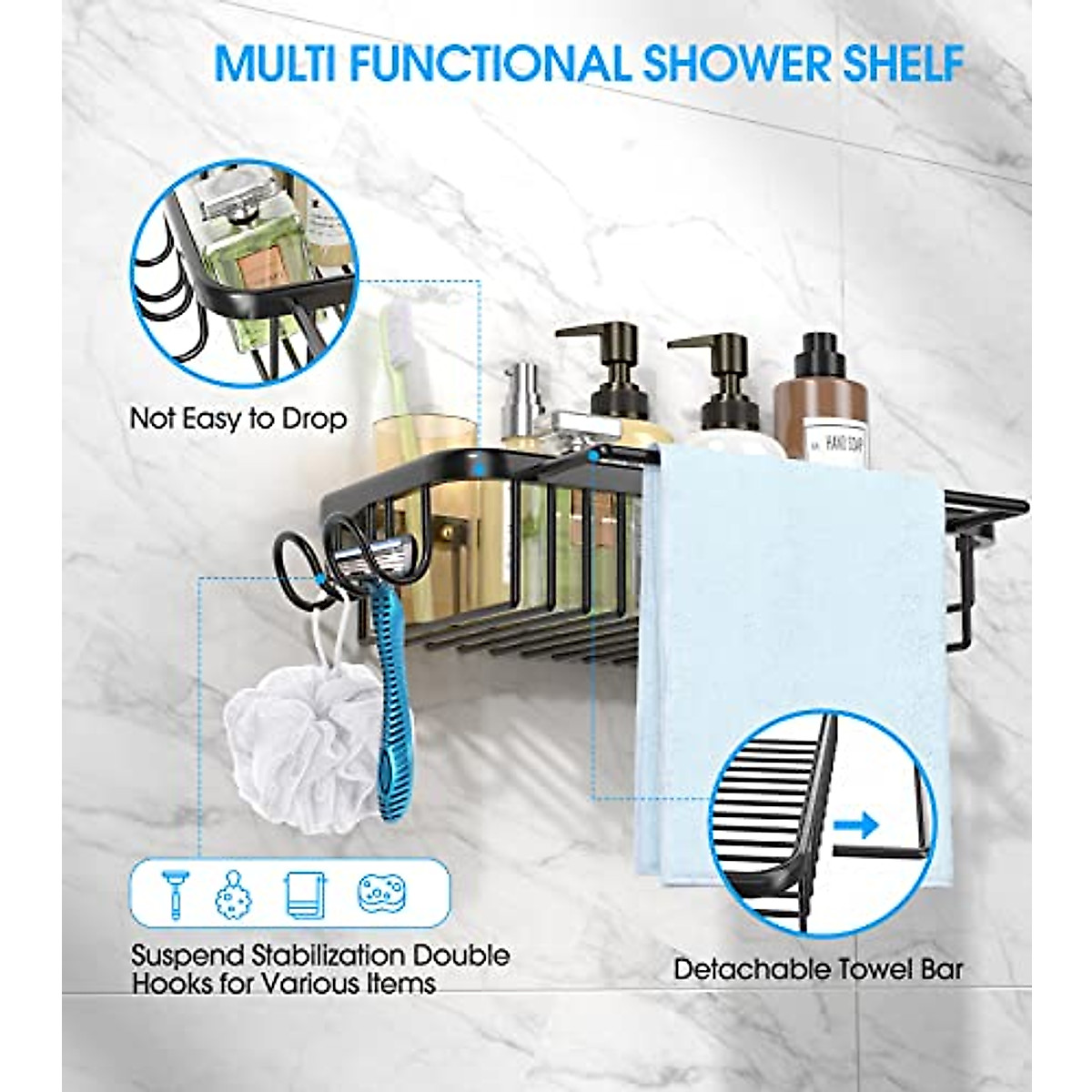 3Pack Shower Caddy, Shower Organizer with Soap Dish, No Drilling Shower Storage Wall Mount Rustproof Bathroom Organizer Shampoo Holder Kitchen Rack Adhesive Shower Shelves for Inside Shower Black