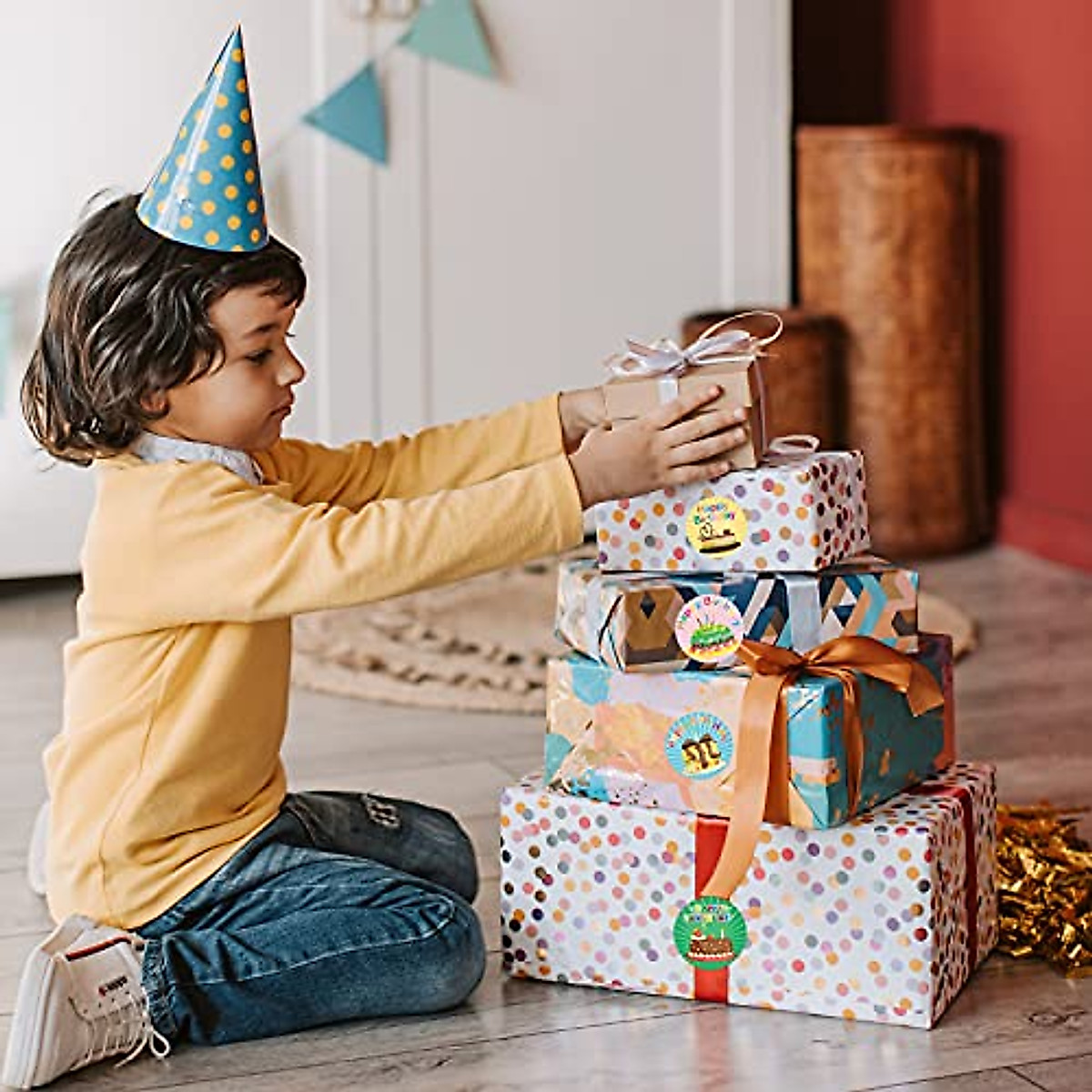 PMCDS2G Happy Birthday Stickers Seals 1" 500units in 1Roll for Birthday Décor Party Supplies Cards Sealing(Shining Happy Birthday)