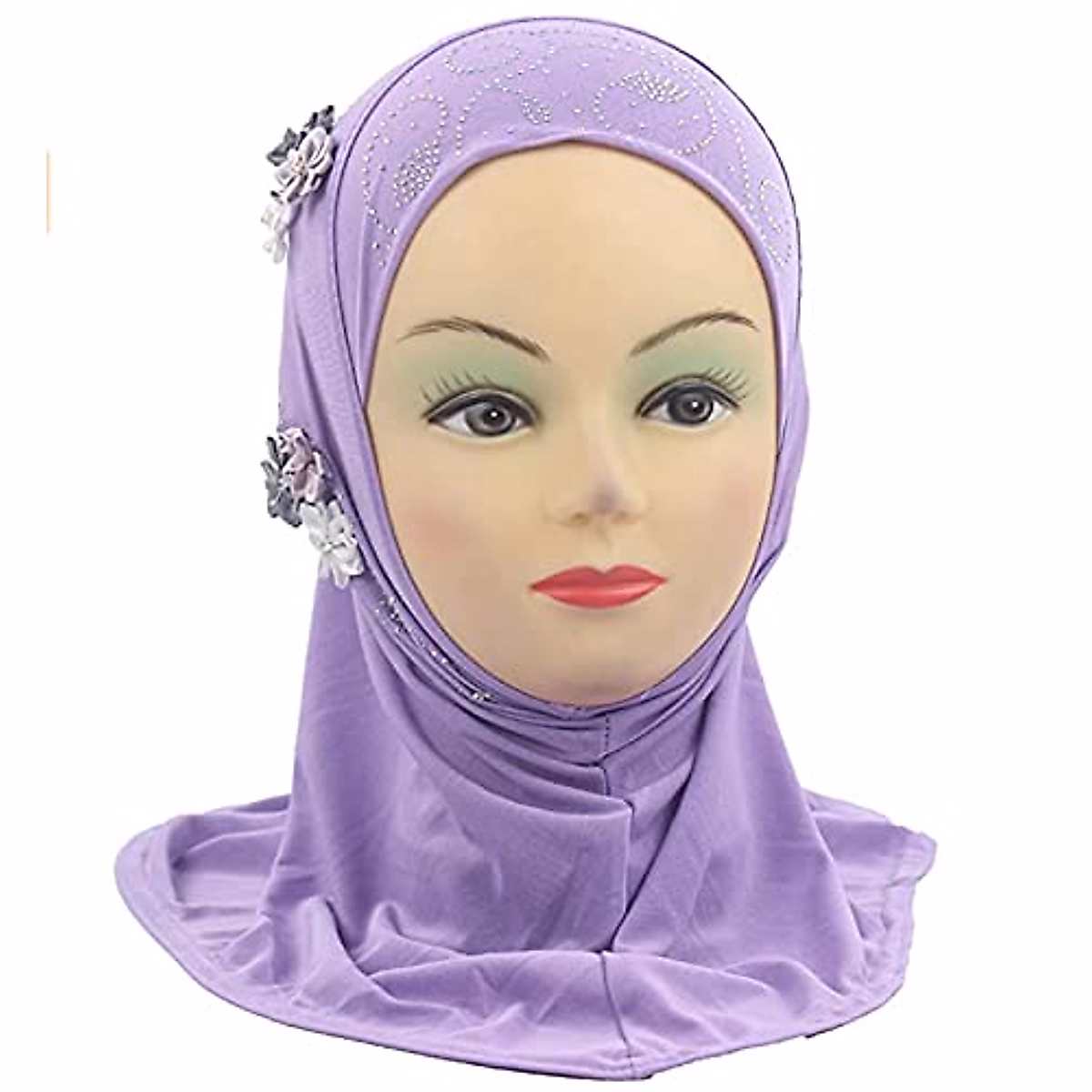 Ylucky Muslim Hijab Head Scarf Ice Silk Headwear Floral Kids Amira Hijab Islamic Head Wrap for Age 2-6 Years Girls (purple (6 flowers))