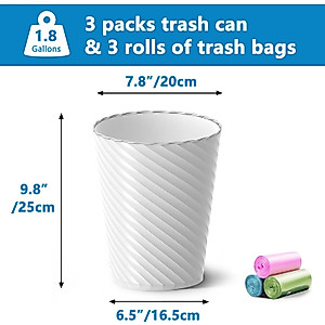 Bathroom Trash Can, 3 Pack 1.8 Gallons Small Trash Can with Trash Bags, Bathroom Garbage Can, Plastic Trash Bin, Round Waste Basket for Bathroom, Bedroom, Office, Kitchen, Room, Compact Space (White)