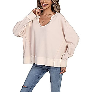 LYANER Women's V Neck Waffle Knit Long Sleeve Loose Pullover Sweatshirt Sweater Top Beige Medium