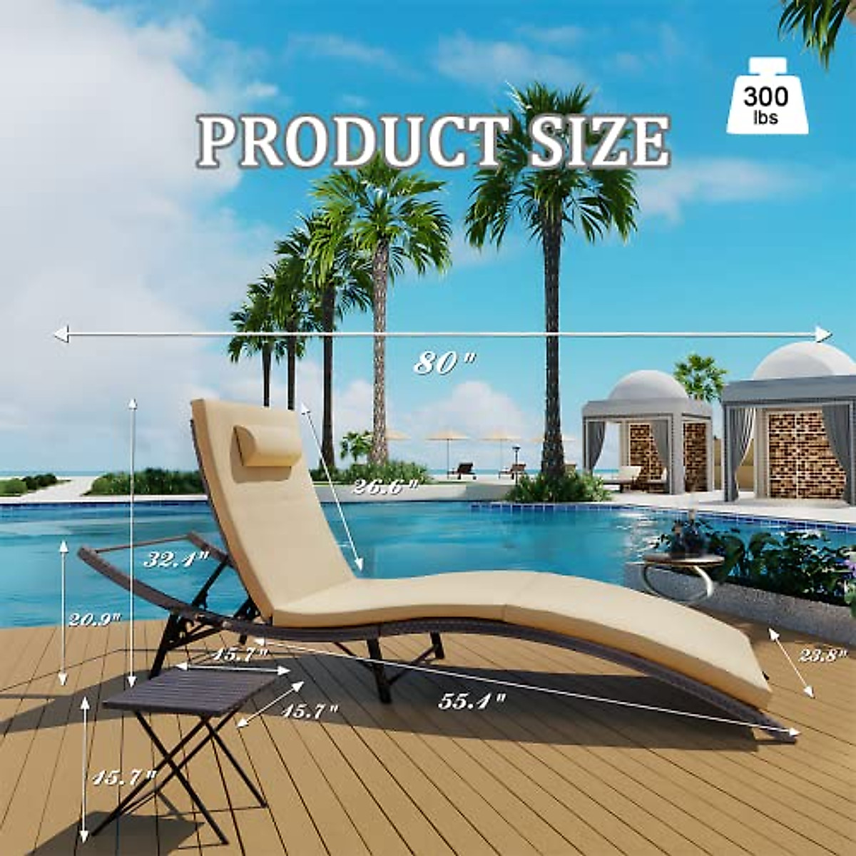 Kullavik Lounge Chairs for Outside,3 Pieces Chaise Lounge Outdoor Folding Pool Lounge Chairs Including Table Rattan Patio Furniture Set,Sand