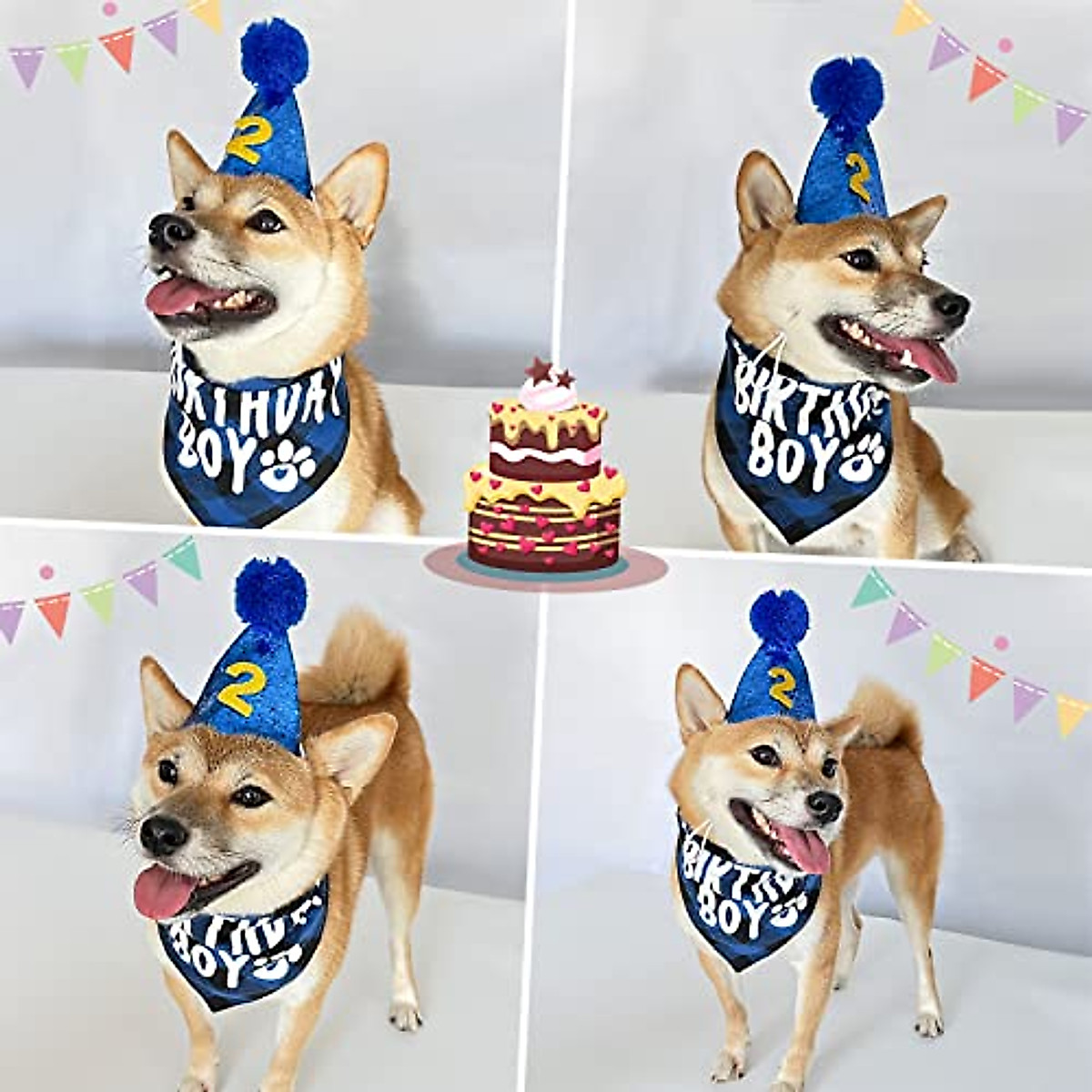 ENJOYING Pet Dog Bandana Doggy Birthday Party Supplies Plaid Dog Bandanas Scarf Pet Birthday Hat with Number for Small Medilum Dogs and Cats, Blue