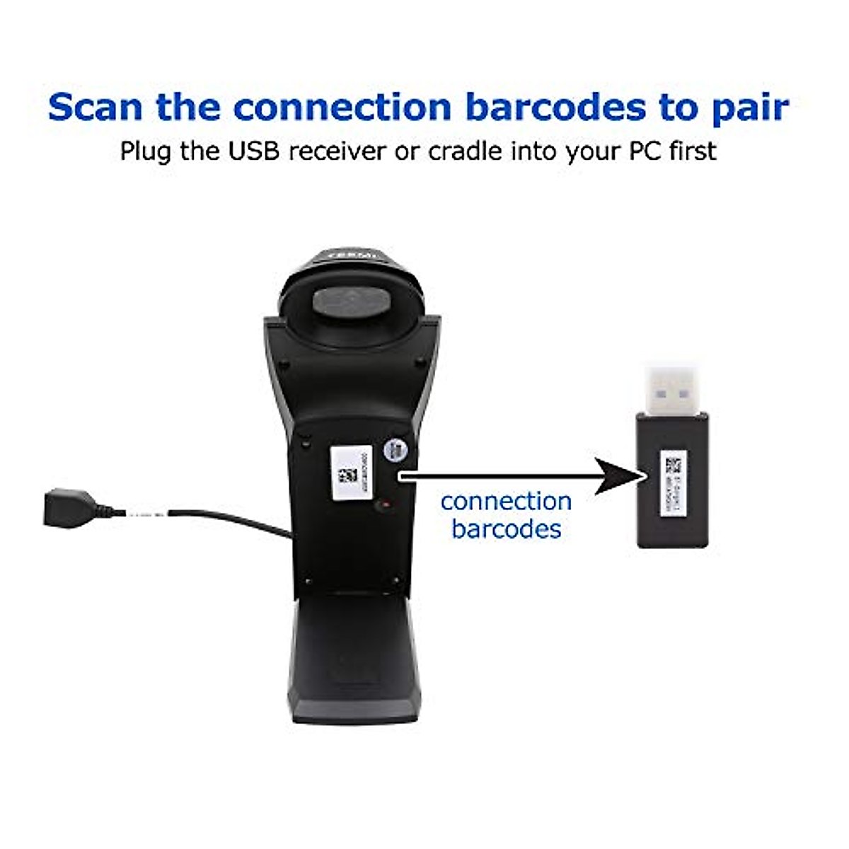 TEEMI QR Bluetooth 5.0 Barcode Scanner with Wall Mountable USB Charging Cradle Data Receiver, 1D 2D Wireless CMOS Screen Scanning PDF417 Data Matrix, Max 300 Yards Transfer Range
