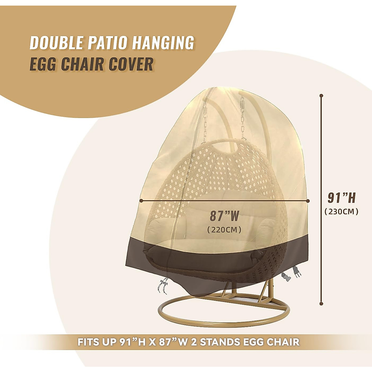 HEPOVER Egg Chair Cover Double - 91x87 Inch Patio Hanging Egg Chair Cover 420D Oxford Durable Waterproof Outdoor Chair Cover for Porch Wicker Egg Swing with Zipper