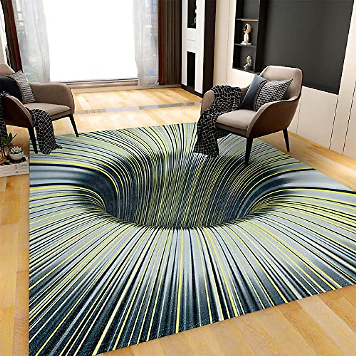 Yellow Blue Black Abstract Lines Area Carpet, 3D Illusion Black Hole Decorative Rug, Entry Rugs Soft Comfortable Washable Non-Slip for Living Room Bedroom Office Study Decor4 x 6ft