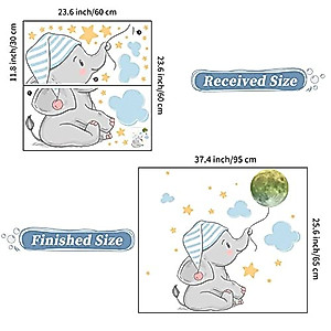 Lovely Elephant with Night Cap Wall Stickers, Luminous Moon Wall Decals, Cloud Star Cartoon Wall Decors, Removable DIY Art Wall Mural for Kids Bedroom, Nursery, Home Decoration