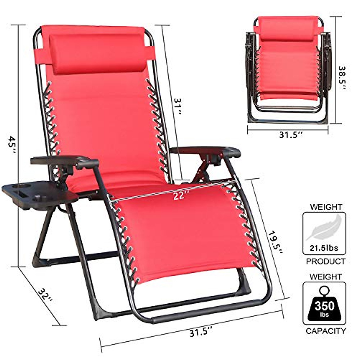 GOLDSUN Comfortable Oversize XL Padded Zero Gravity Lounge Heavy Duty Adjustable Patio Recliner Chair with Cup Holder Support 350lbs,Red