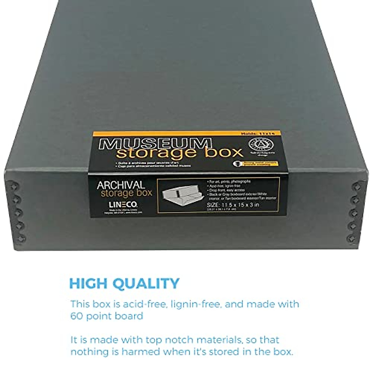 Lineco Museum Storage Box, Archival Quality Acid-Free Buffered Drop Front Design with Metal Edges Removable Lid, 11x14 Inches, Photo Organizer Store and Protect Prints, Blue / Gray Exterior