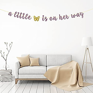 Purple Glitter A Little Butterfly is on Her Way Banner, Gender Reveal Baby Shower Banner, Girl's Baby Shower Party Decorations