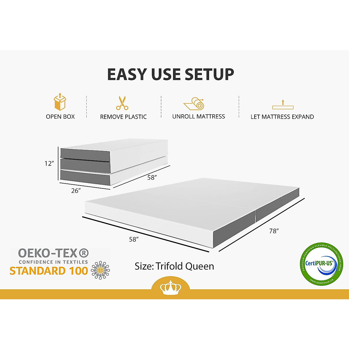 DynastyMattress Foldable Mattress Bed Gel Memory Foam, Trifold Mattress 4 Inch, Portable Topper & Washable Cover, Sofa, Couch, Guests, Camping, RV Traveling, Queen Size - 58”x 78”x 4” (USA Made)