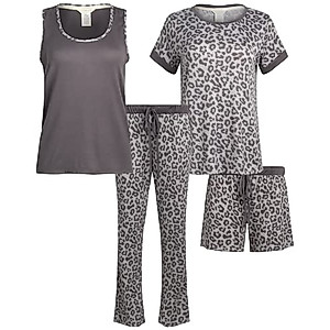 Lucky Brand Women's Pajama Set - 4 Piece Sleep Shirt, Tank Top, Pajama Pants, Lounge Shorts (S-XL), Size Large, Grey