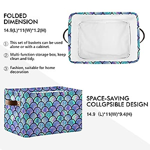 xigua Rainbow Scales Mermaid Storage Basket Collapsible Toy Storage Bins Waterproof Canvas Storage Basket with Leather Handles for Home Closets Offices,Bedrooms,Kids Toy and Gift Baskets,2PCS