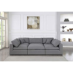 Meridian Furniture Serene Collection Modern | Contemporary Deluxe Comfort Modular Sectional, Soft Linen Textured Fabric, Down Cushions, 2 Corner + 3 Armless + 1 Ottoman, Grey