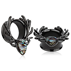 KUBOOZ(1 Pair Black Sea-shell Forest Antlers Slivery Opal Ear Plugs Tunnels Gauges Stretcher Piercings