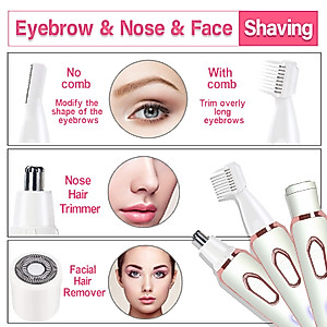 Electric Lady Shaver, Women Razors for Shaving Cordless 4-in-1 Painless Shaver for Women Face, Legs and Underarm, Portable Bikini Trimmer Wet & Dry Hair Removal, Cordless - Micro USB Rechargeable