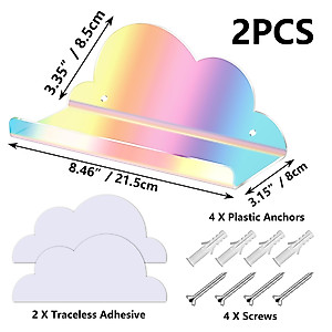 Lesnala 2Pcs Cloud Mini Shelf Iridescent Floating Shelves Floating Shelves for Wall Acrylic Wall Mounted Iridescent Acrylic Shelves with Stickers and Screws for Bathroom Bedroom Living Room Office
