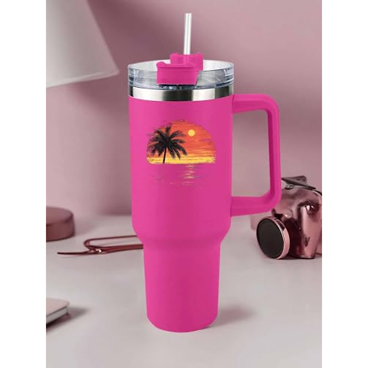 40 ounce insulated cup with handle, double-layer vacuum stainless steel material, equipped with straw, can keep warm or maintain cold drinks Dusk Sunset Palm Trees Sunset Bright pink