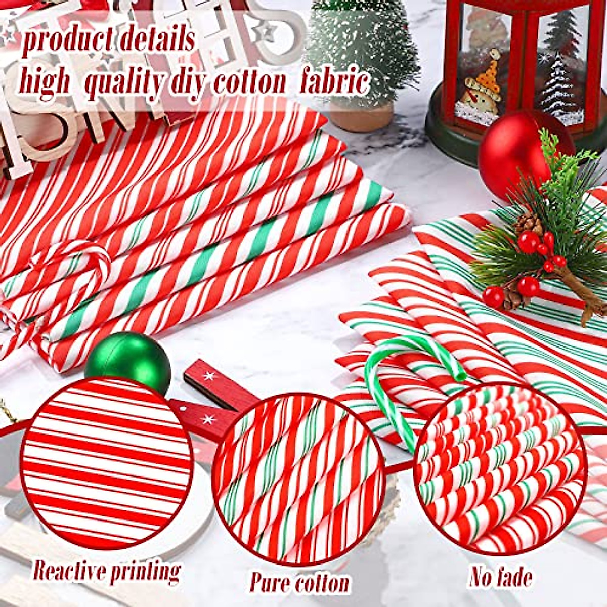 10 Pieces Christmas Fabric Bundles Sewing Quilting Fabric Xmas Red and Green Candy Cane Printing Fabric Squares Craft Fabric for Patchwork Sewing DIY Craft Christmas Party Supplies (20 x 15.75 Inches)