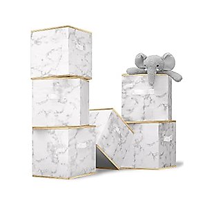 MYTHAUS Foldable Storage Cube Bins Organizer - Cube Storage Bin,Decorative Cube Storage Organizer,Storage Basket Dual Handles,11 X 11 for Nursery/Home Office/Closet/Kids Room 6-Pack(White Marble)