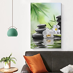 Zen Spring Garden Japanese Style Wall Decor Poster for Home,Spa Black Stone White Flower Green Bamboo Print Canvas Art Picture Print Modern Family Bedroom Decor Posters 24x36inch(60x90cm)