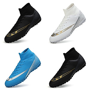 DRESER Competitive Unisex Soccer Shoes Men Women Indoor Outdoor Football Boots Athletic Turf Mundial Team Cleat Running Sports Lightweight Breathable Anti-Skid Damping Shoes Black, 13.5 Women/12 Men