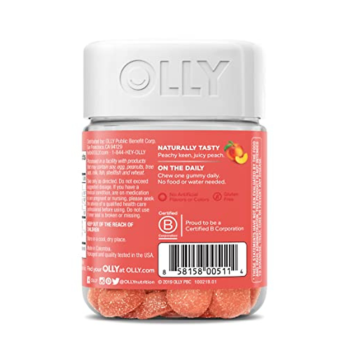 OLLY Probiotic + Prebiotic Gummy, Digestive Support and Gut Health, 500 Million CFUs, Fiber, Adult Chewable Supplement for Men and Women, Peach, 30 Day Supply - 30 Count