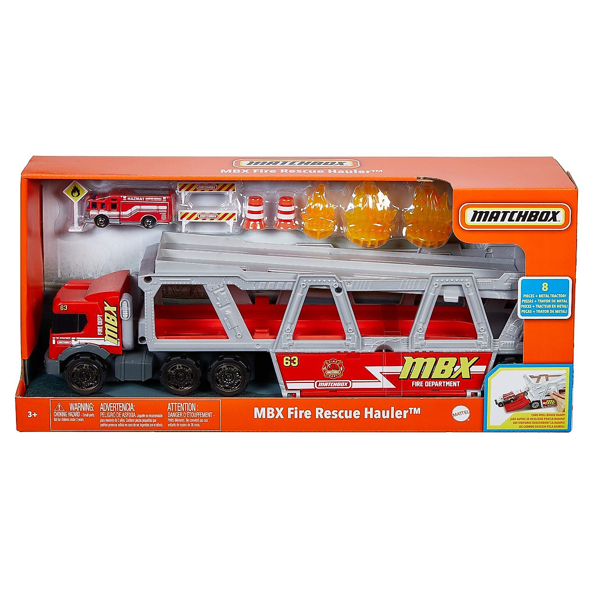 Matchbox Fire Rescue Hauler Playset Themed Hauler with 1 Fire-Themed Vehicle, Holds 16 Cars, Easy-Release Ramp, 8 Accessories & Storage, for Kids 3 Years Old & Up