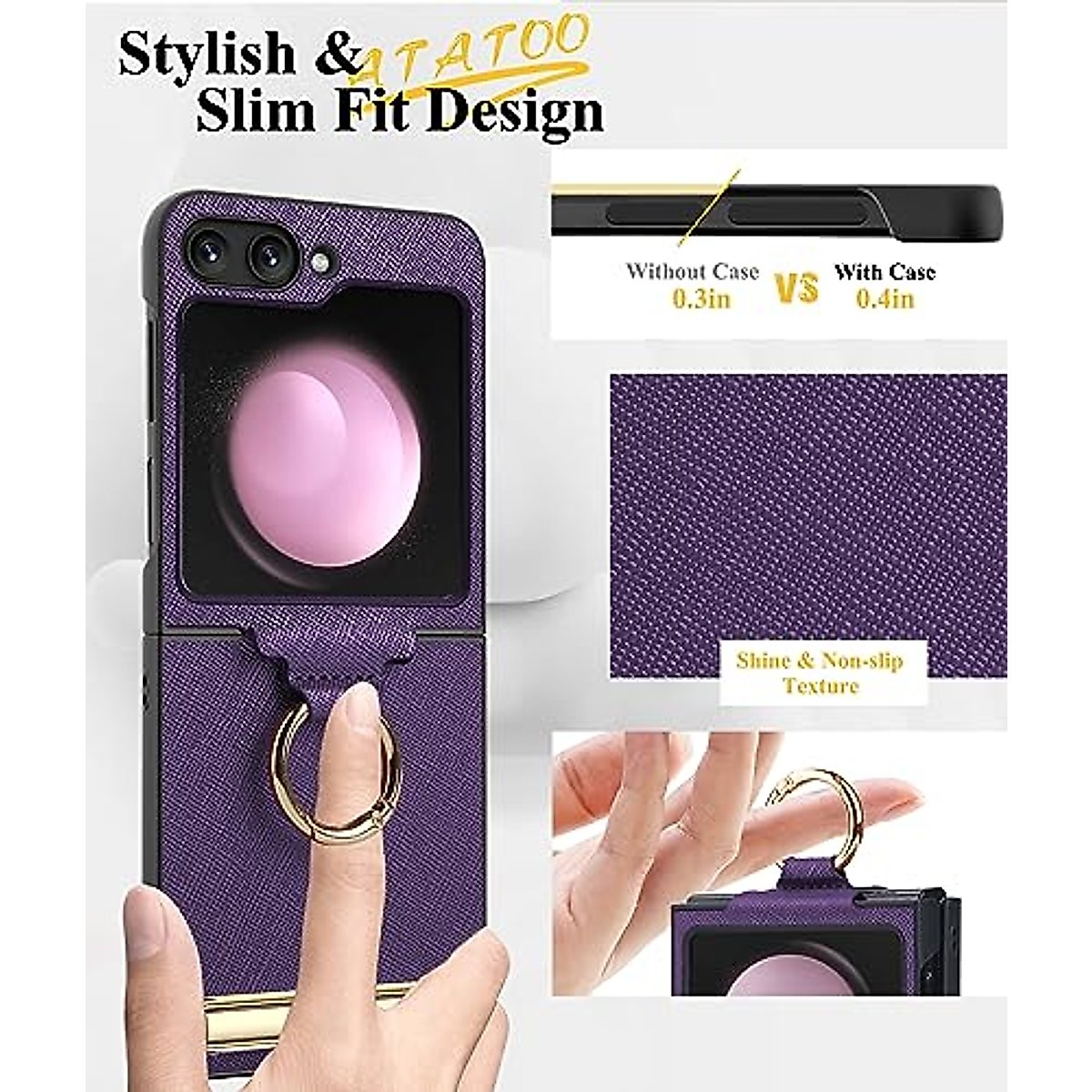 ATATOO for Samsung Galaxy Z Flip 5 Case with Ring & Kickstand & Built-in Screen Protector, Ultra-Thin Case Support Wireless Charging Durable Shockproof Anti-Slip Phone Case for Galaxy Z Flip 5, Purple