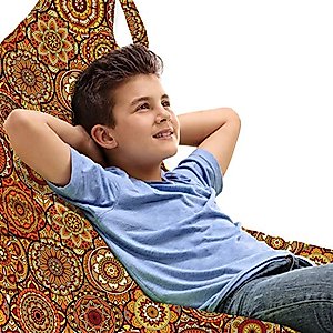 Ambesonne Moroccan Lounger Chair Bag, Vintage Hand Drawn Style Ottoman Trellis Floral Motifs, High Capacity Storage with Handle Container, Lounger Size, Orange Yellow Brown
