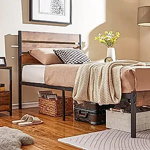 VECELO Platform Twin Bed Frame with Rustic Vintage Wood Headboard and Footboard, Mattress Foundation, Strong Metal Slats Support, No Box Spring Needed