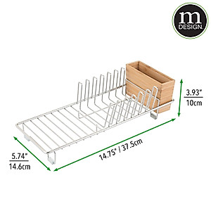 mDesign Compact Modern Kitchen Countertop, Sink Dish Drying Rack, Removable Cutlery Tray - Drain and Dry Wine Glasses, Bowls and Dishes - Metal Wire Drainer in Satin with Natural Bamboo Caddy