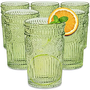Vintage Textured Sage Green Striped Drinking Glasses Set of 6-13 oz Ribbed Glassware with Flower Design| Cocktail Set, Juice Glass, Water Tumbler