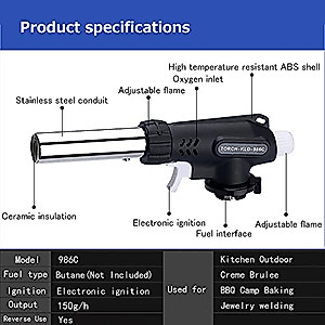 Butane Torch Kitchen Blow Lighter Gas burner - Culinary Torches Chef Cooking Professional Adjustable Flame with Reverse Use, for Creme, Brulee, BBQ, Camp, Baking (Butane Not Included)（Black）