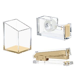 Punch & Stick | Stationery & Desk Accessories | Pen Holder, Stapler & Tape Dispenser | Gold & Clear Acrylic Lucite | Office Desk Accessories | Office Gift Set