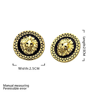 Yellow Gold Plated Black Round Earrings Stud Push Back Lion 1" L319